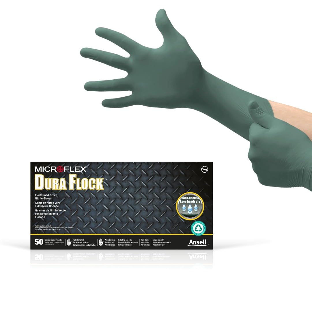 Ansell Microflex Dura Flock DFK-608 Thick 11mil Nitrile Gloves w/Flock Lining for Automotive, Aftermarket, Machinery - XL, Green (Box of 50)