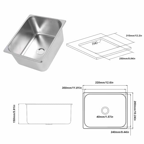 304 Stainless Steel Bar Sink, Single Bowl Hand Wash Basin, RV Sink, 11L Capacity, 40mm Drain Outlet, Embedded Installation, Suitable for RV, Camping Vehicle, Yacht, Boat, Kitchen
