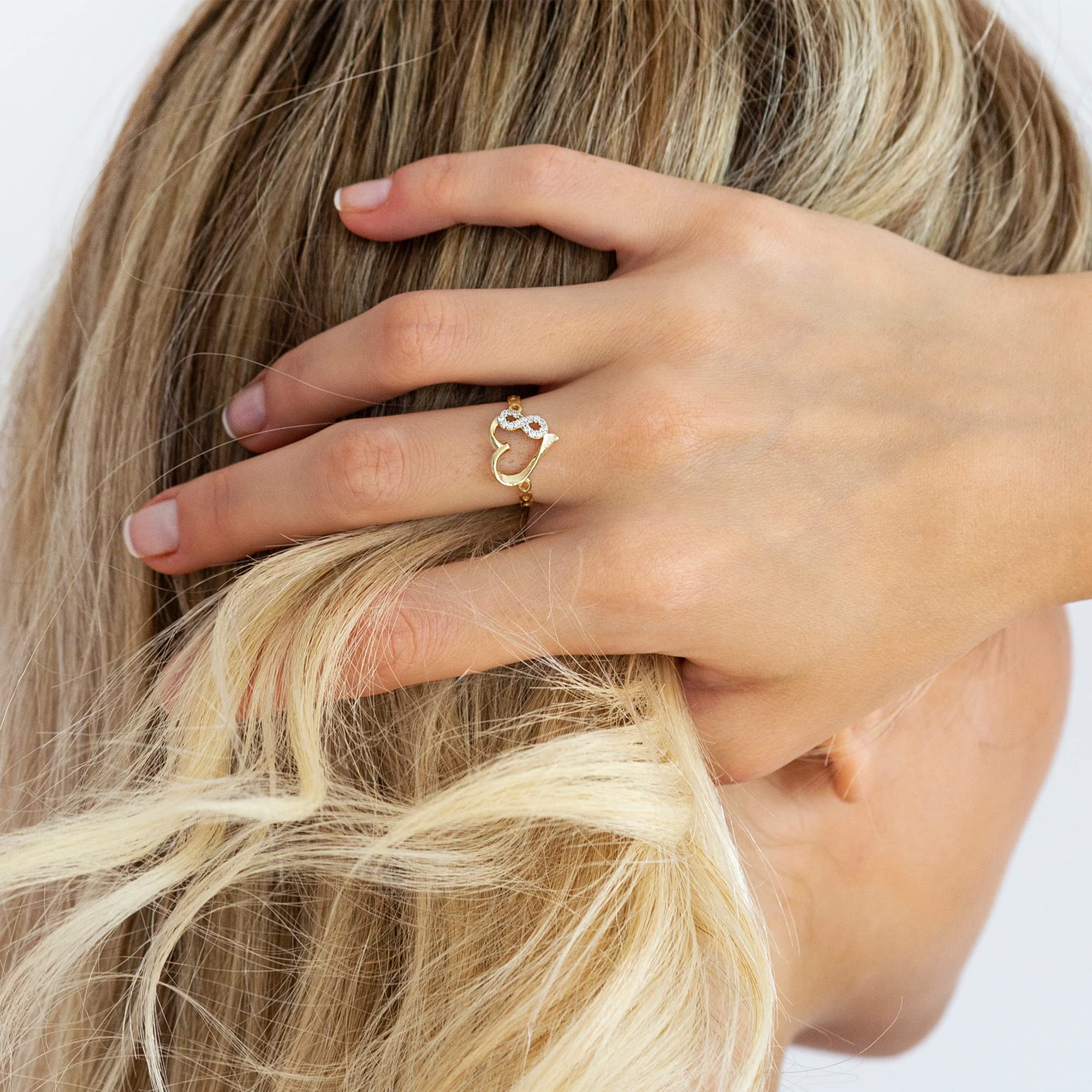 14K Solid Gold Cubic Zirconia Infinity on Heart Ring, Dainty and Elegant Love Gift Ring - Jewelry Gifts for Women- Available in Different Sizes- 14K Yellow Gold