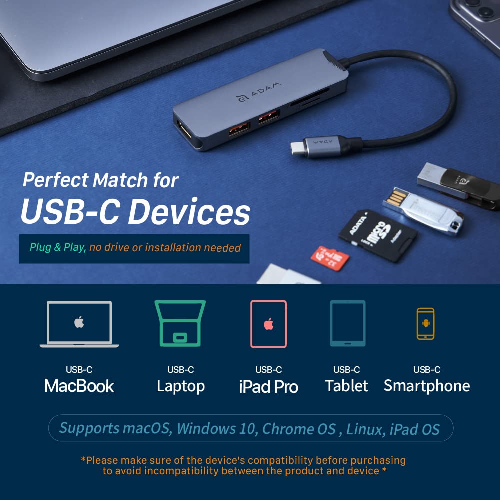 ADAM elements USB-C Gen2 Hub/Laptop Docking Station β CASA Hub A05 5in1 Multiport Adapter for Mac & PC Series - USB-A 3.1 Gen2 x2, HDMI, SD & microSD Card Reader