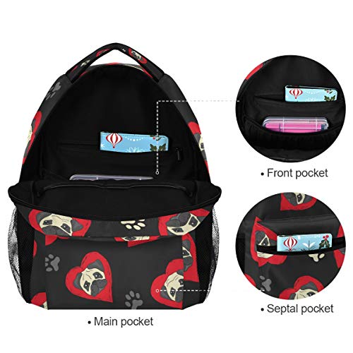ALAZA Cute Pug Dog Print And Heart Large Backpack Personalized Laptop iPad Tablet Travel School Bag with Multiple Pockets