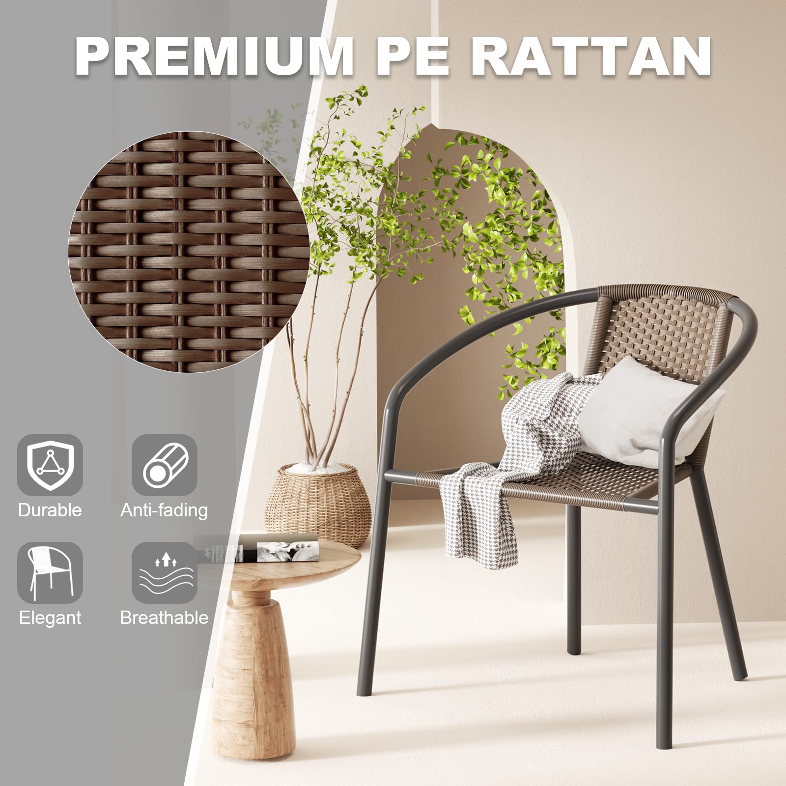 4-Piece Rattan Indoor-Outdoor Restaurant Stack Chair Versatile and Stylish Seating for Camping, Beach, Garden, Pool, Backyard, Deck(Brown)