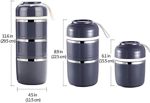 Cute Bento Stackable Lunch Box with Flatware Set Stainless Steel Lunch Containers Leakproof Food Container Insulated Lunch Bag for Adults Women Men (Gray, 3-Tier)