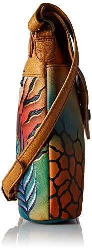 Anna by Anuschka Genuine Leather V-Shap Flap Crossbody Bag | Hand-Painted Original Artwork | Peacock Collage