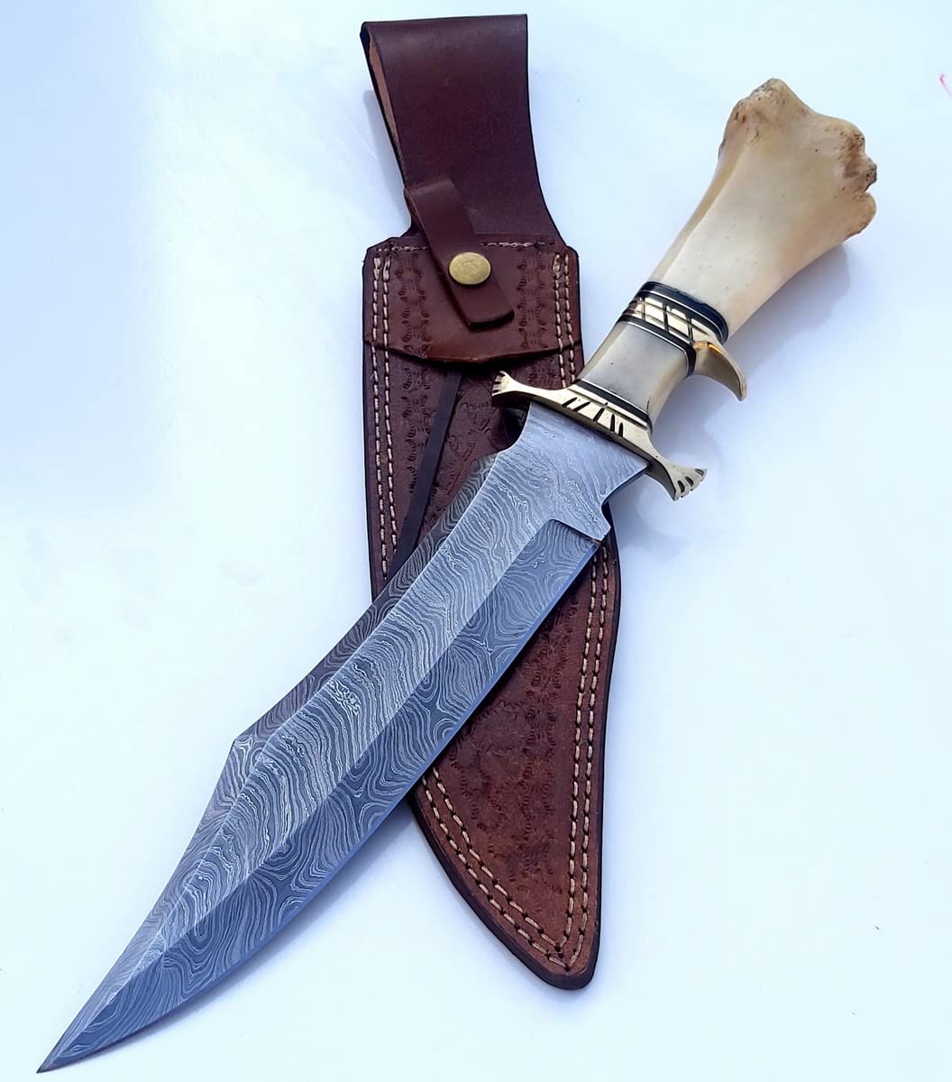15" Custom Handmade Damascus Steel Twisted Pattern Hunting Camping Survival Bowie Knife Camel Bone Handle With Lather Sheath