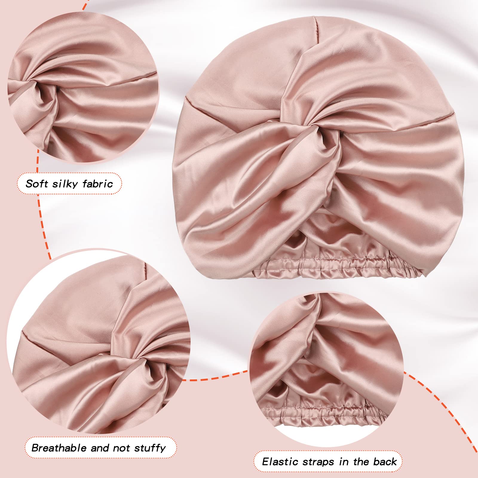 3 Pieces Silk Hair Wrap for Sleeping Women Bonnet Silk Sleeping Bonnet Elastic Hair Care Sleep Cap for Natural Curly Hair (Champagne, Black, Rose Gold)
