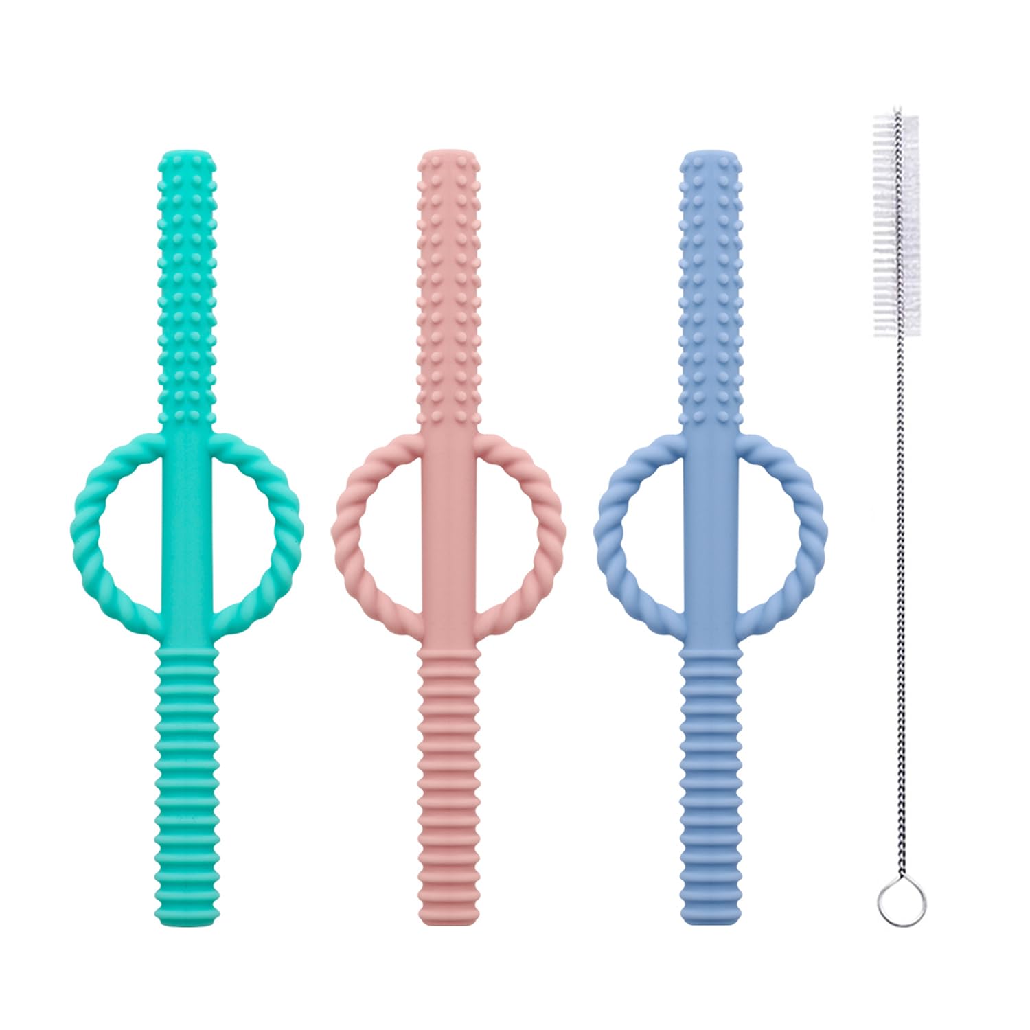 3 Pieces Teething Tubes Hollow Teether Toys with Safety Shield for Sensory Exploration and Teething Relief - Safe Chewing Tubes for Babies, Infants & Toddlers - Designed 3 Pcs-Blue&Khaki&Green