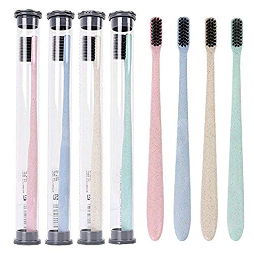 4 Pack Bamboo Charcoal Toothbrush Semilyn Wheat Straw Toothbrush Eco-Friendly ergonomic Soft Bristles Toothbrush Small Heads Superfine Teeth Comfortable for Sensitive Gums for Kid and Adult (4 Color)