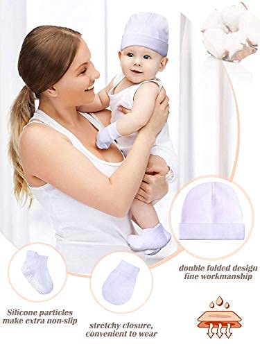 Baby Hats Mittens and Socks Set Unisex Cotton Beanie Cap and Scratch Mitten Non-Slip Baby Ankle Socks for Boys and Girls (White, Black, Grey, Light Blue, Navy Blue, Beige,6 Sets)