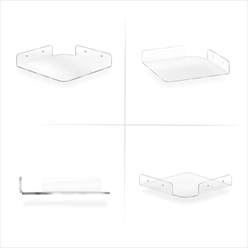 BRAINWAVZ 2-Pack 8” Corner Floating Shelf for Speakers, Books, Decor, Plants, Cameras, Photos, Kitchen, Bathroom, Routers & More Universal Small Holder Acrylic Wall Shelves (Clear)