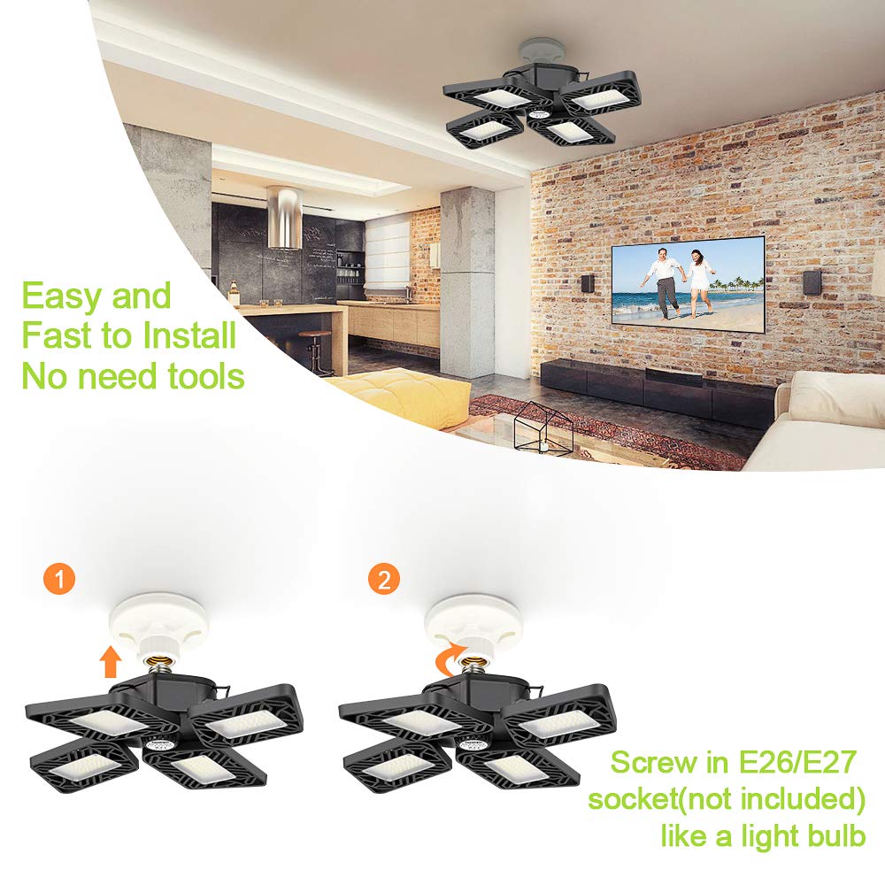 120W LED Garage Lights,12000 Lumens Super Bright Garage Ceiling Lights with 4 Adjustable Panels, Easy-Installation 6000K Deformable Bay Lights for Basement, Workshop, Barn, Warehouse(2 Pack)