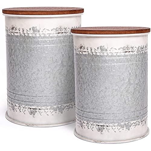 Hallops Farmhouse Accent Side Table | Galvanized Rustic Coffee Table | Metal Storage Ottoman Wood Cover with Stand| Farmhouse Decor Storage Bench (Set of 2, Distressed White)