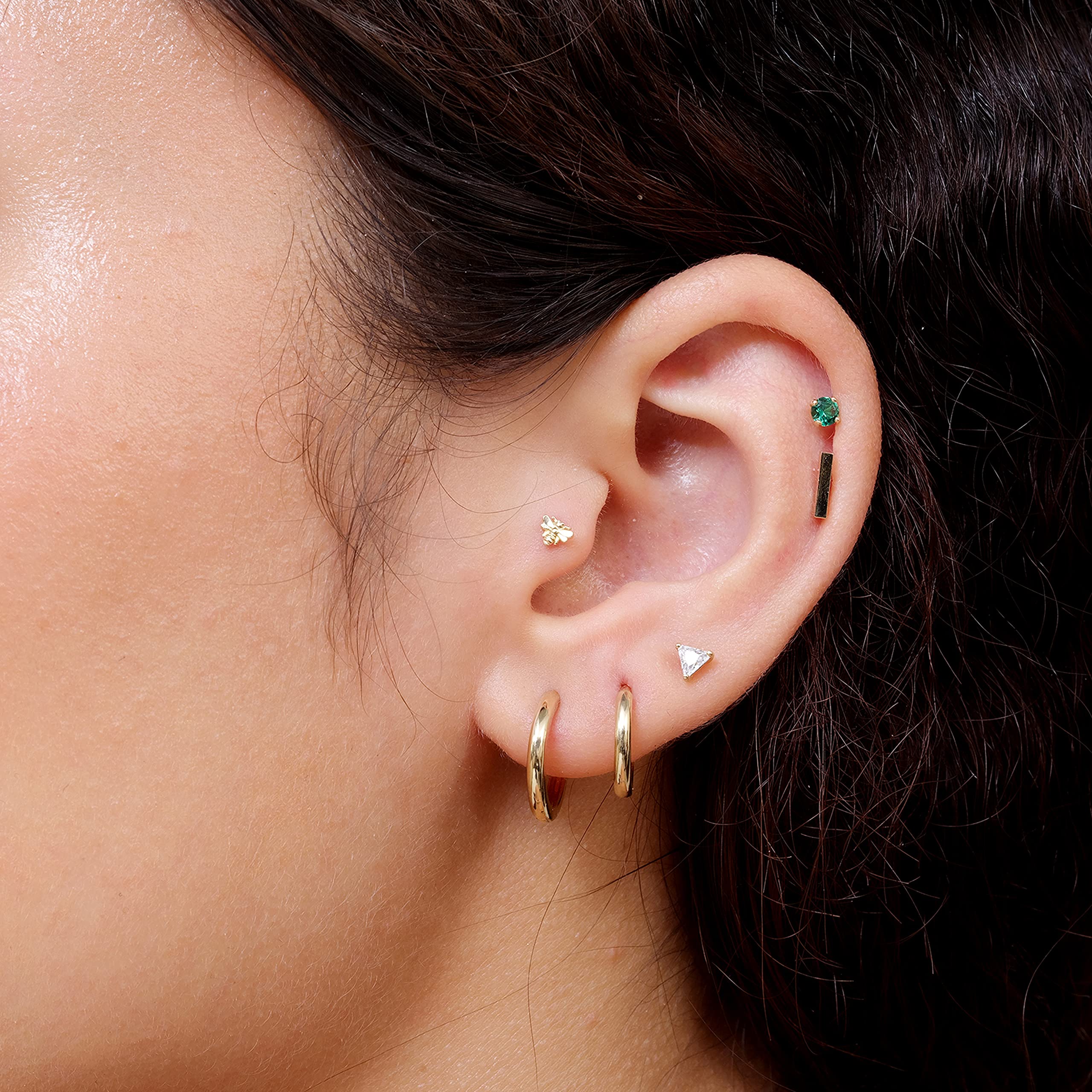 14K Solid Yellow Gold Bar Cartilage Stud Earring Lip Tragus Forward Helix Conch Ear Piercings Line Slim Bar Studs Flat Back Labret Internally Threaded Earring Jewelry For Men Women Hypoallergenic (Single Piece)