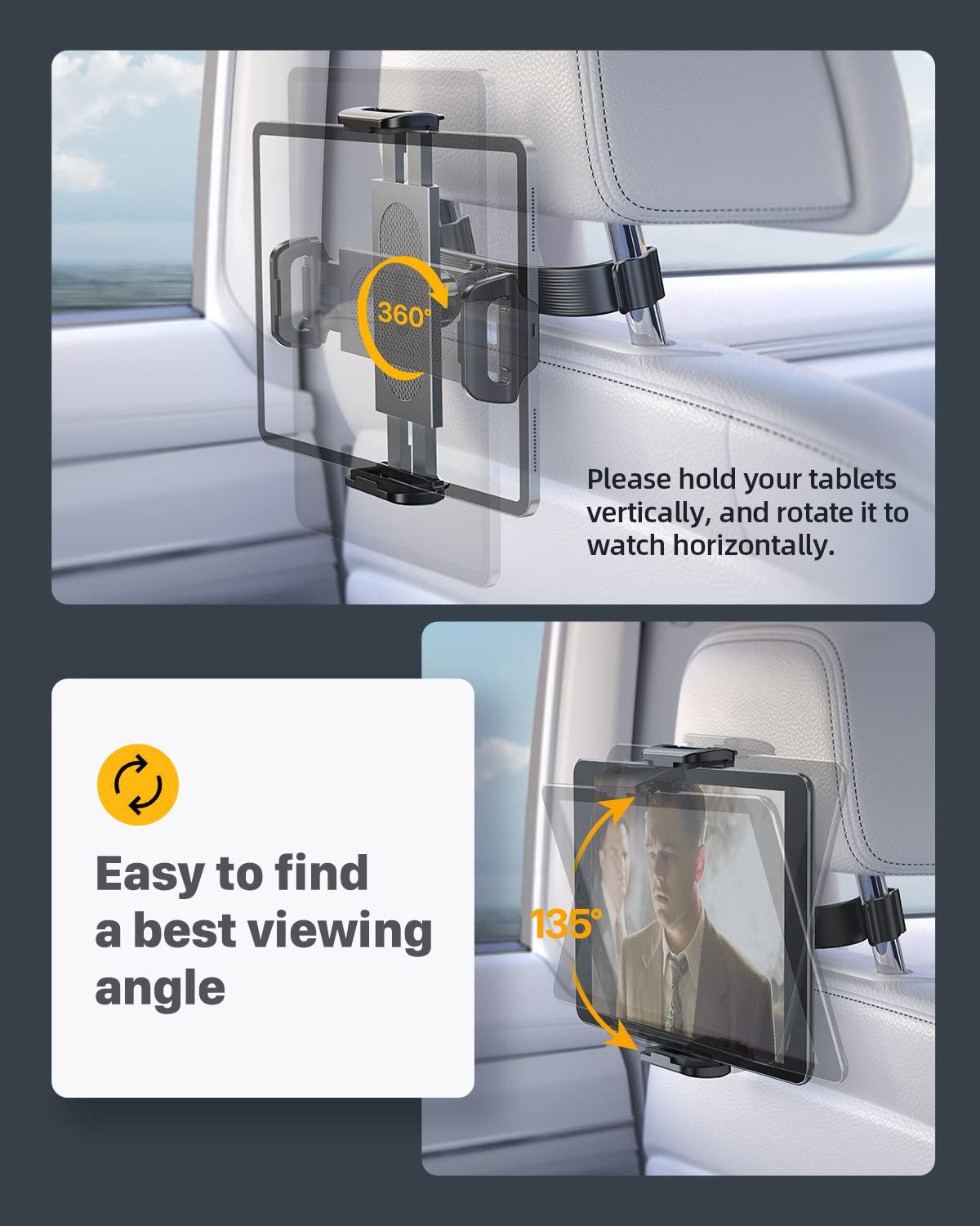 LISEN Car Headrest Tablet Mount, 360 Rotatable, Easy Installation, 2X Stable Car Bracket, Compatible with 4.7-11" Devices