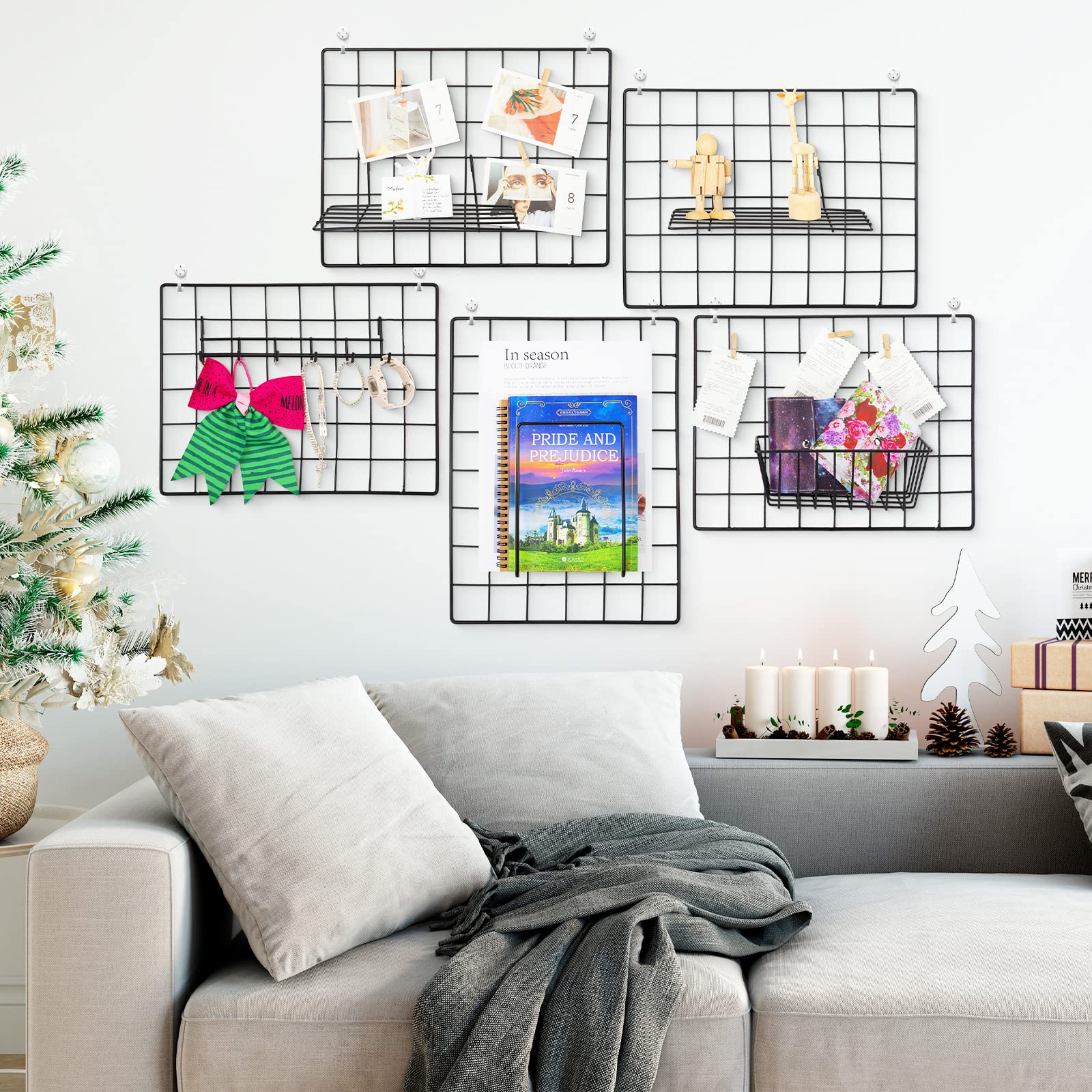 6 Pack 16 x 12 Inch Black Wall Grid Wire Panel with Accessories 1 Black Hanging Wire Basket, 1 Shelf, 1 Hook Rack, 2 Letter Sorter Shelf, 20 Clips, 12 Non Trace Nail, 2 Hemp Rope, Photo Home Decor