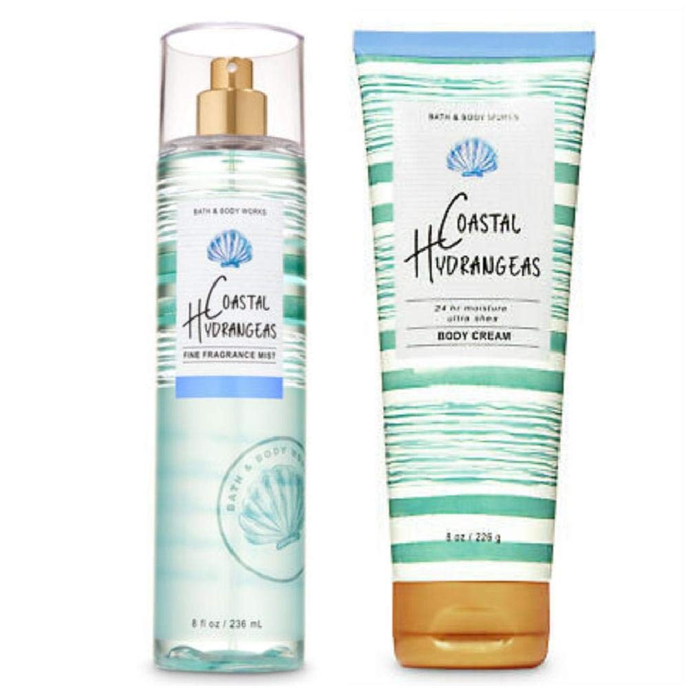 Bath and Body Works COASTAL HYDRANGEAS Body Cream 8 Ounce & Fragrance Mist 8 Fluid Ounce Set