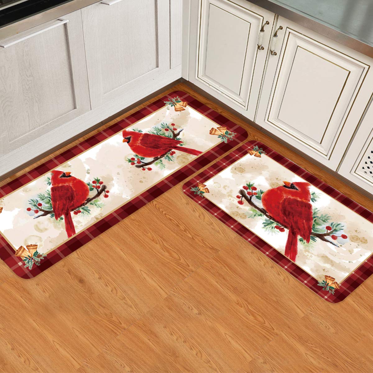 2 Piece Kitchen Floor Mats,Christmas Watercolor Cardinals Buffalo Plaid Kitchen Runner Rugs Set,Berry Bell Farm Washable&Anti-Slip Area Rug Carpet For Bedroom/Bathroom/Laundry,Absorbent Door Mat Set