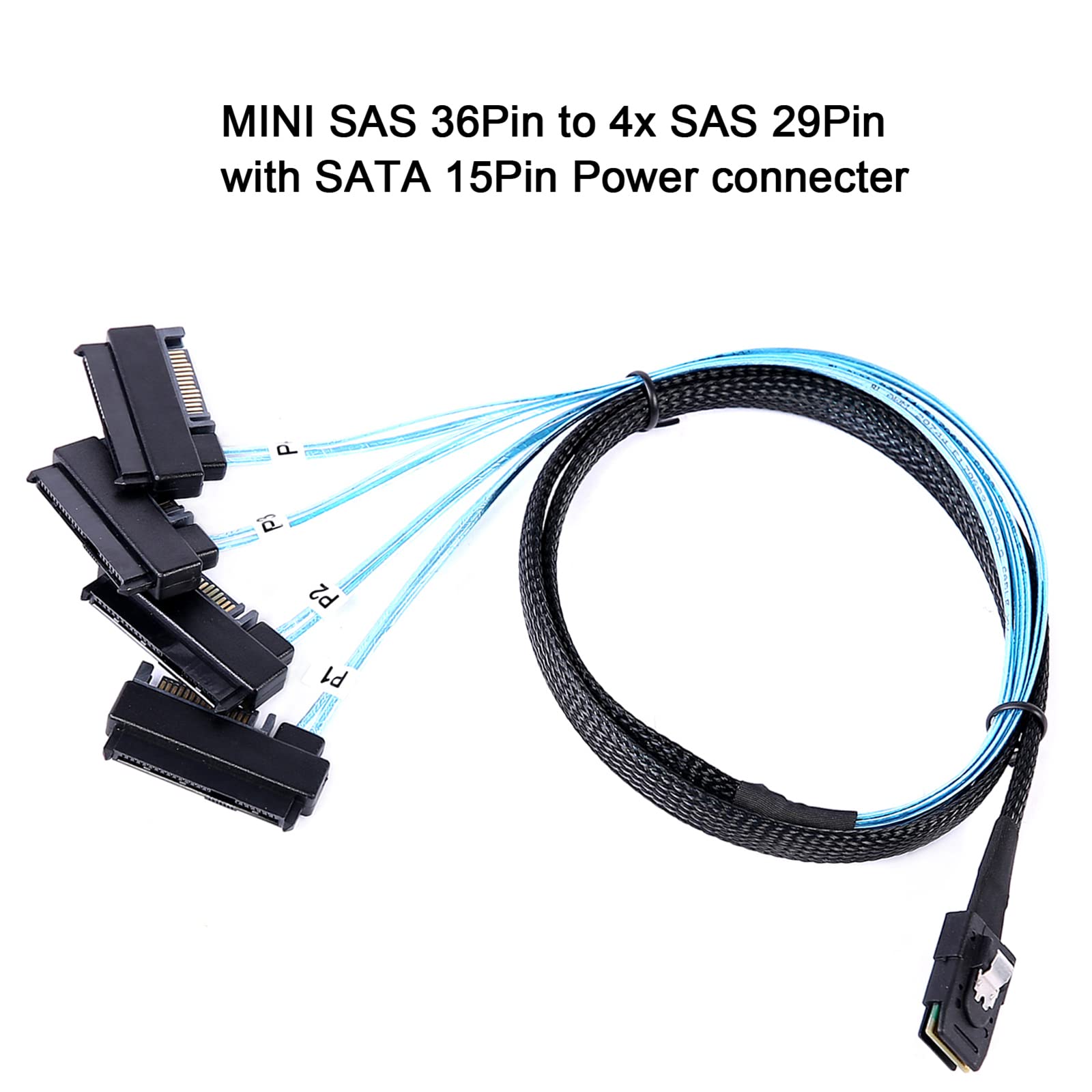 ADCAUDX Mini-SAS to SAS-Cable: 1M SFF8087 to SAS SFF-8087 to SFF-8482 Connector 4X SAS with SATA-Power Adapter Cable (3.3FT)