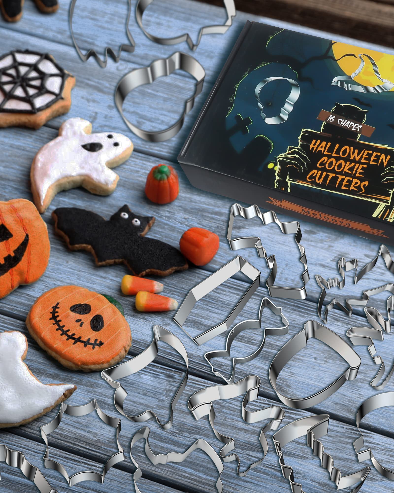 16 Pcs Halloween Cookie Cutters Halloween Set with Decorating Instructions Stainless Steel Pumpkin Witch Hat Cat Bat Skull Ghost Candy Coffin And More