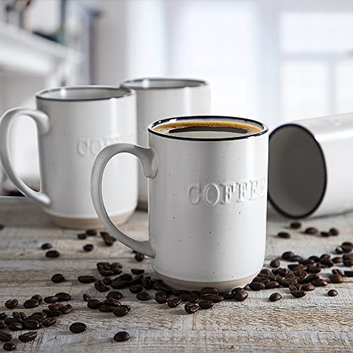 Sheffield Home Set of Stoneware Coffee Mugs- 4 Printed Coffee Cups, Tea Cups, Latte Mugs 16 oz (White)
