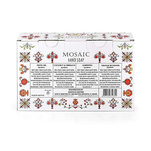 Mosaic Liquid Hand Soap / Wash Gift Set, Ideal Bathroom Kitchen Hand Soap Set , Olive Oil + Coconut & Hibiscus + Gardenia + Orange Blossom, 4 x 24.6 fl oz Each Liquid Soap Bottle
