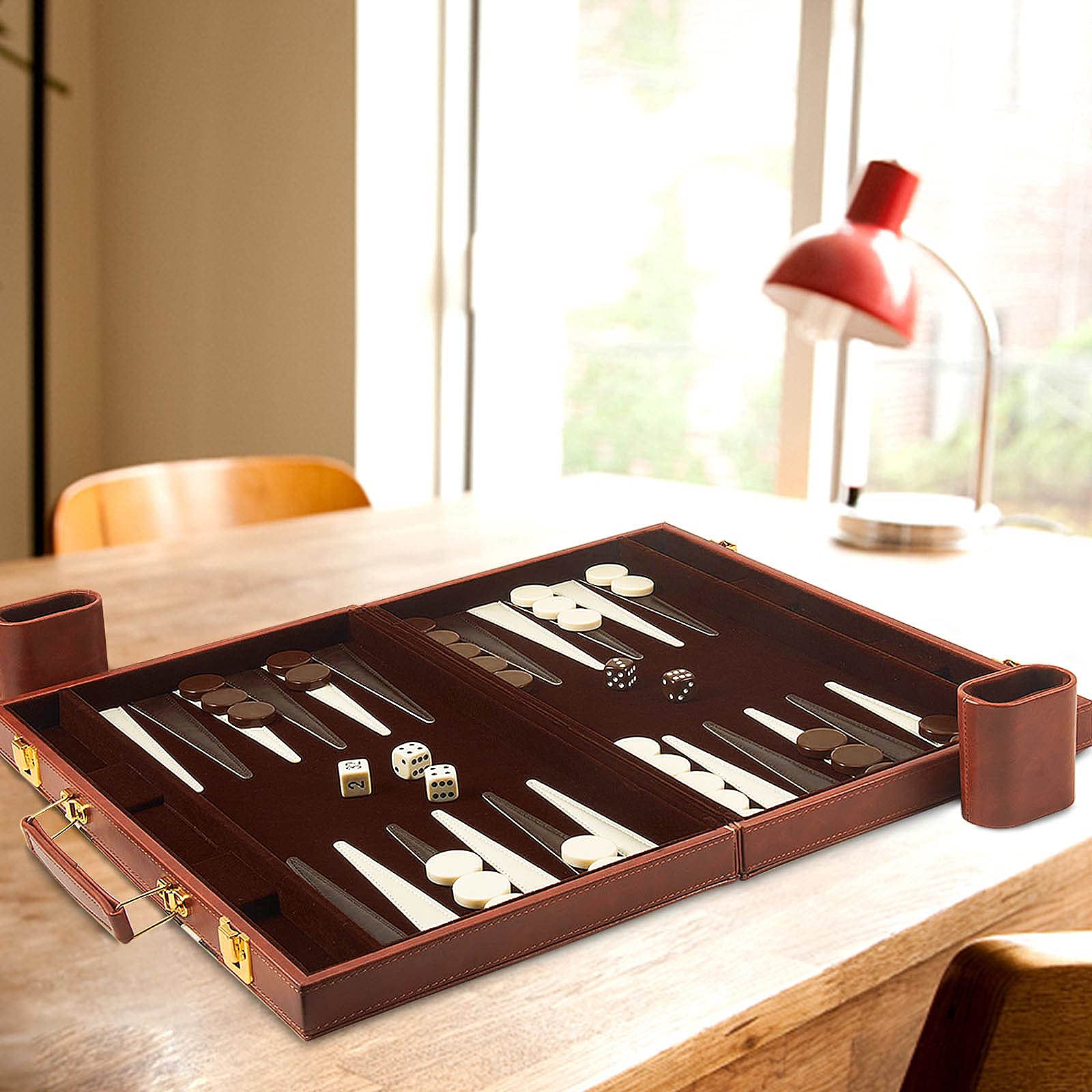 AMEROUS Backgammon Set, 15'' Folding Classic Board Game with Leather Case, Gift Package, Instruction, Portable Travel Strategy Backgammon Game Set for Adults, Kids