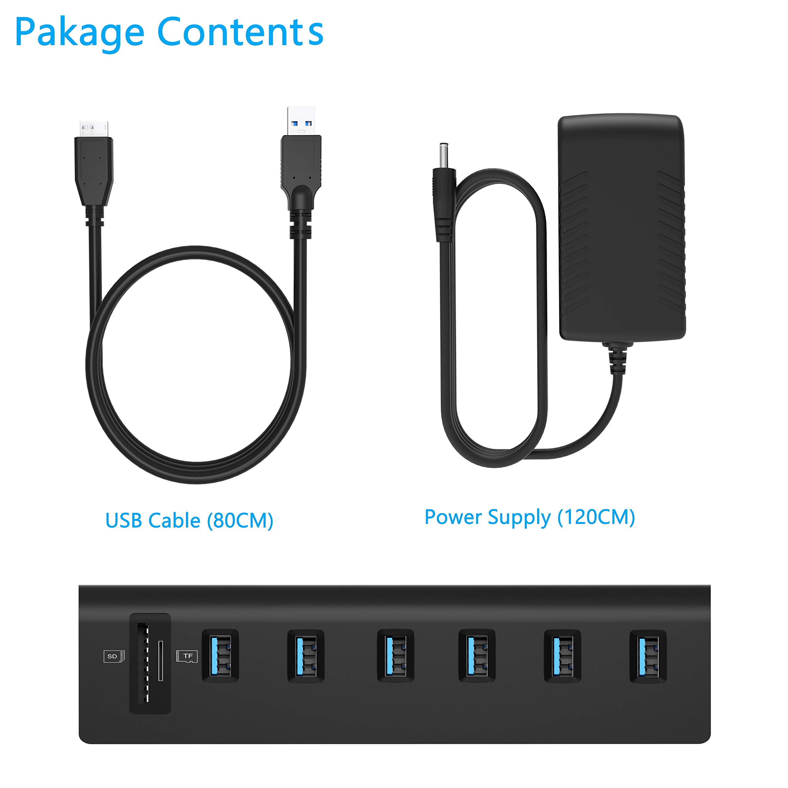 CATECK USB 3.0 Hub, Aluminum Hub with 6 USB 3.0 Ports+SD/TF Card Solts+5V/4A High Capacity Power Supply for Mac, Mac Book Air, Mac Pro,Mac Book Pro, Mac Book, Mac Mini, PCs and Laptops (Black)
