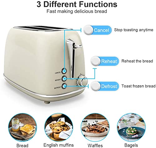 2 Slice Toaster, Keenstone Toaster with 6 Browning Settings, 1.5 In Extra Wide Slots, Stainless Steel Housing, Bagel/Defrost/Cancel Function, Removable Crumb Tray, 825W for Breakfast Bread -Beige