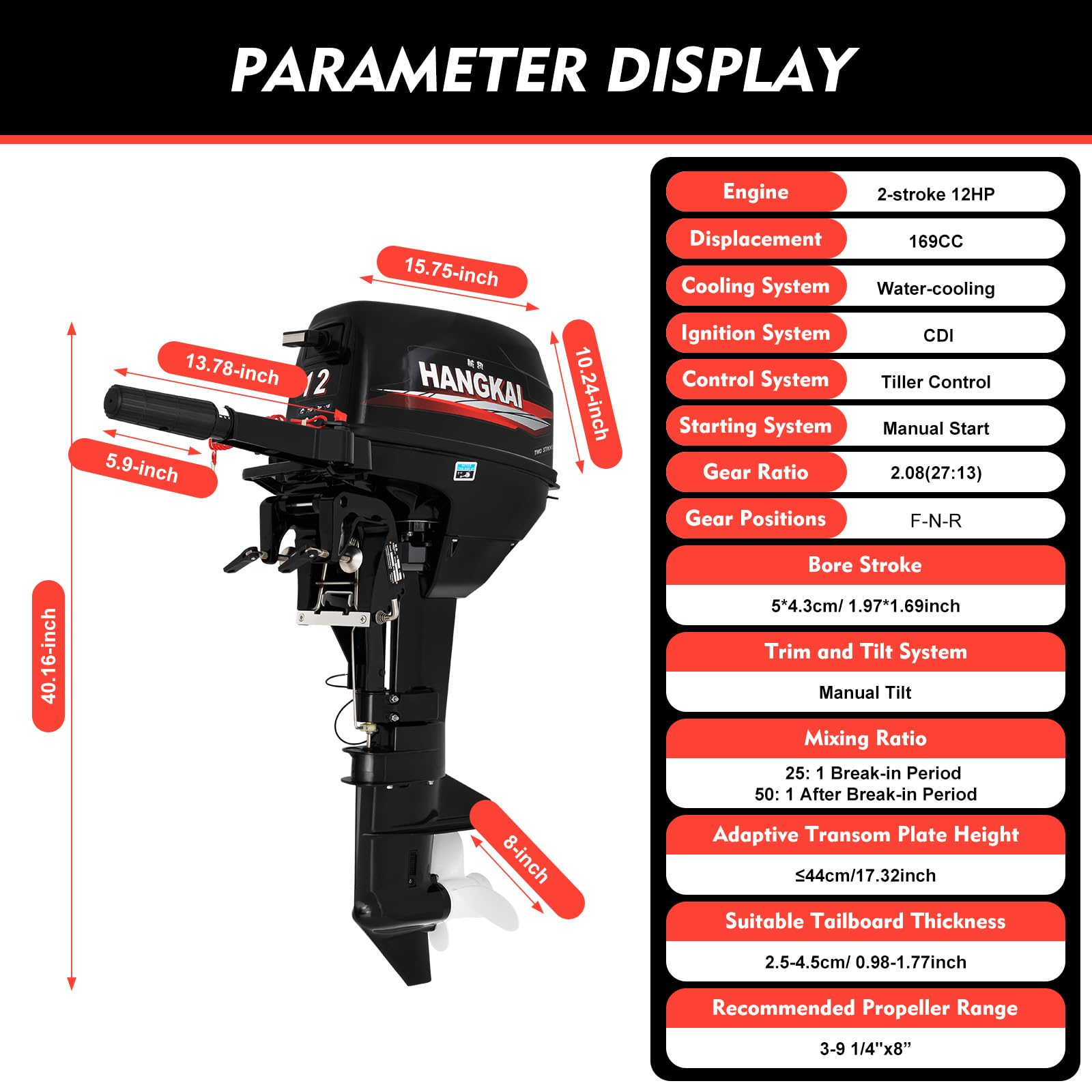 2 Stroke Outboard Motor Heavy Duty 12HP Boat Marine Engine with Water Cooling System Single Cylinder Engine, Inflatable Fishing Boat Engine 169cc 4500-5500r/min (2 Stroke 12 HP)