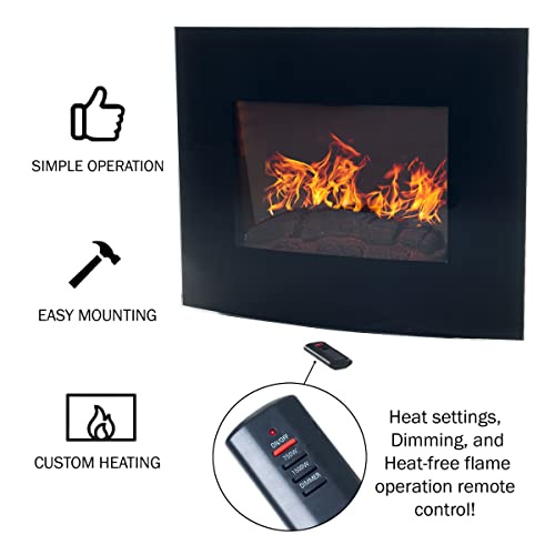 25.5-Inch Wall Mounted Electric Fireplace - Curved Glass Heater with Log Fuel Effect, Adjustable Flames, and Remote Control by Northwest (Black)