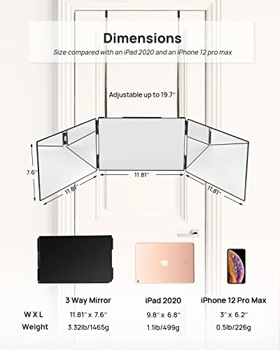 OMIRO Door Mount 3 Way Mirror for Hair Cutting, 360 Trifold Self Haircut Mirror with Adjustable Telescoping Hooks, Multi-Functional for Makeup and Travel
