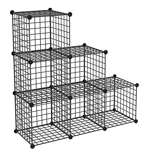 BASTUO Wire Cube Storage Cabinet, 6 Cubes DIY Metal Organizer, Stackable Bookcase Shelf Modular Cube Organizer Rack, Wardrobe Closet for Livingroom, Bedroom, Office, Black
