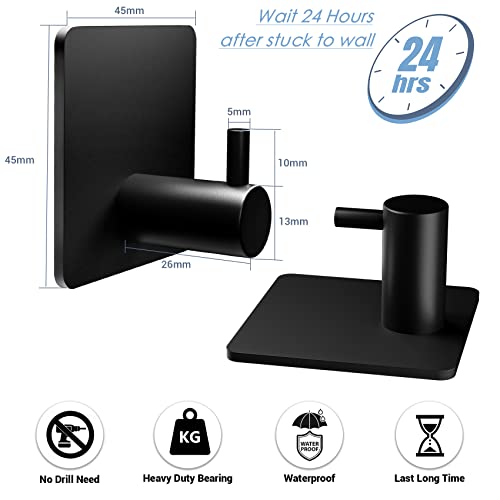 Adhesive Hooks Heavy Duty (4-Pack), Wall Hanging Hooks Hangers for Hat Keys Towel Robe Coats Bathrobes, Metal Sticky Black Wall Hook No Drill Easy to Mount in Bathroom Office Home Kitchen Closet