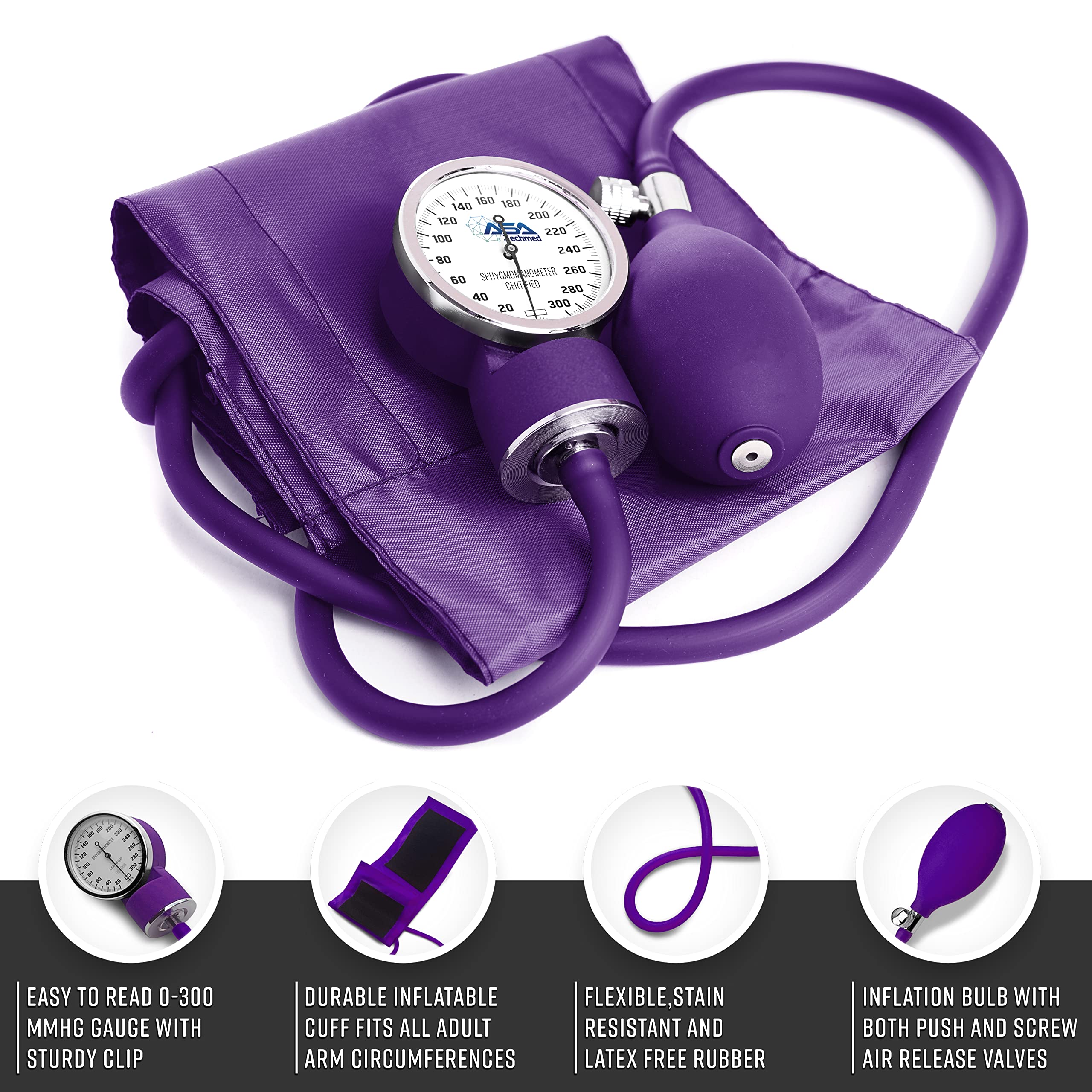 ASA TECHMED Dual Head Sprague Stethoscope and Sphygmomanometer Manual Blood Pressure Cuff Set with Case, Gift for Medical Students, Doctors, Nurses, EMT and Paramedics, Purple