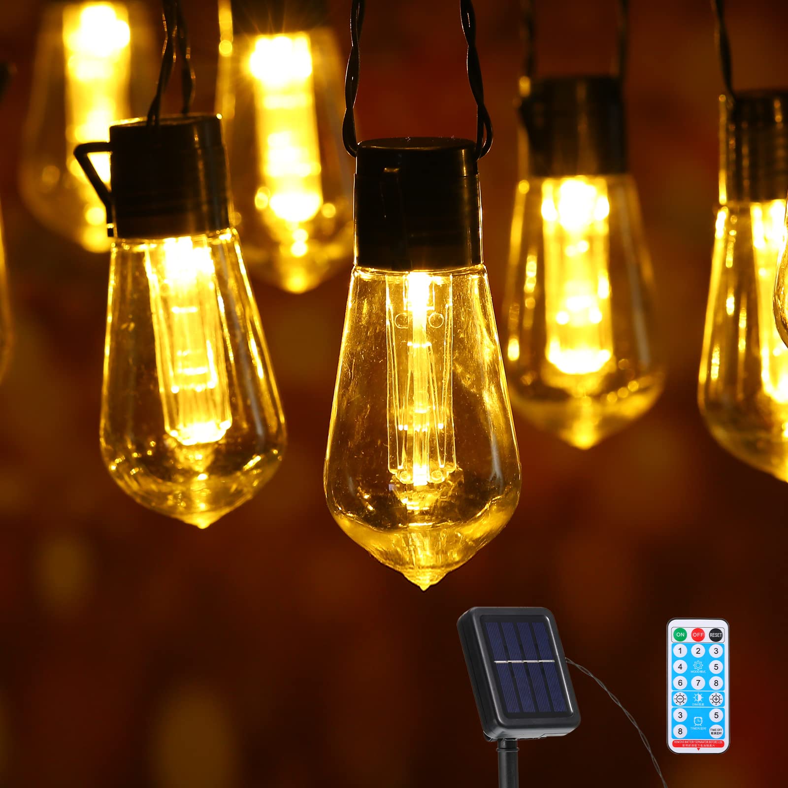 31 Feet Solar Outdoor String Lights Vintage Bulbs with 20 Dimmable Warm White Solar Powered LED Bulbs Waterproof Shatterproof Energy Saving LED Light with Solar Panel for Home Garden Festival Wedding