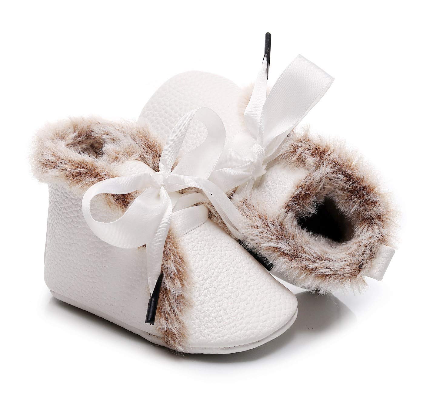 Bebila Winter Toddler Snow Boots - Lace up Baby Girls Boys Shoes Lace up Non-Skid Soft Sole Slippers Newborn Warm Ankle Fur Booties for Infant Newborn First-Walkers (0-3 Months, White)