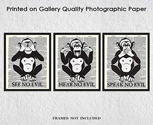 3 Wise Monkeys Dictionary Wall Art Prints: Unique Room Decor for Boys, Men, Girls & Women - Set of Three (8x10) Unframed Pictures - Great Gift Idea