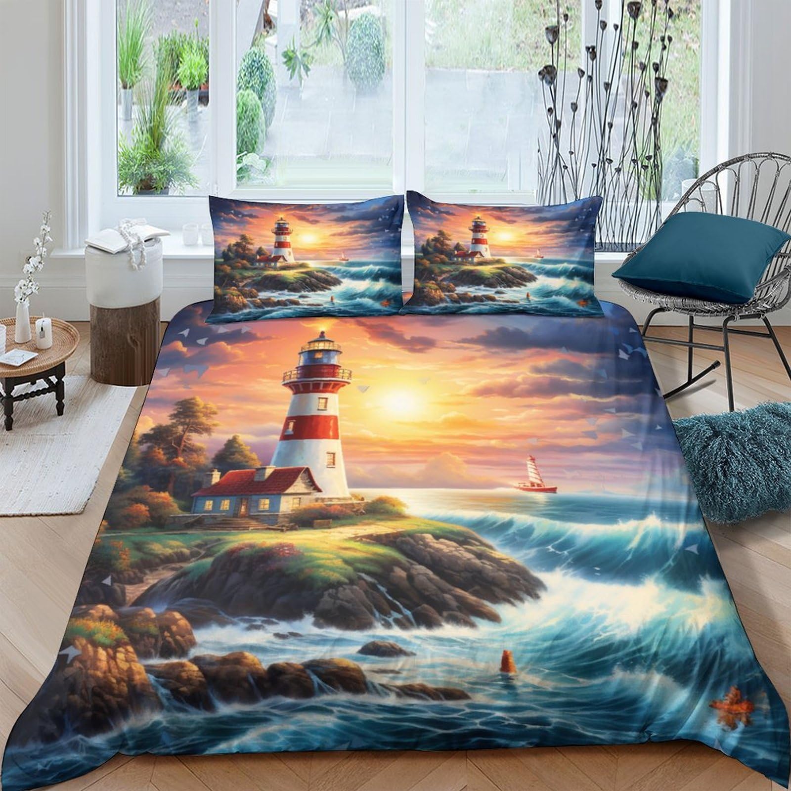 SorEci Coastal Lighthouses Duvet Cover 3D Art Styles Printed Bedding Set Comforter Cover with Zipper Closure for Kids Teens Adults (2 Pillow Shams,1 Duvet Cover) Queen(228x228cm)