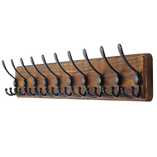 Dseap Coat Rack Wall Mounted - 10 Tri Hooks, 38-1/4" Long, Heavy Duty Wooden Wall Coat Hanger Coat Hook for Clothes Hat Jacket Clothing, Natural & Black