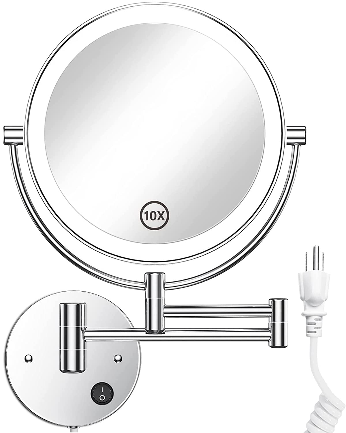Gospire 8.5" Wall Mounted Lighted Magnifying Mirror, 1X/10X Double-Sided Magnification Round LED Cosmetic Vanity Bathroom Mirror Extendable Arm 360° Swivel for Shaving Makeup