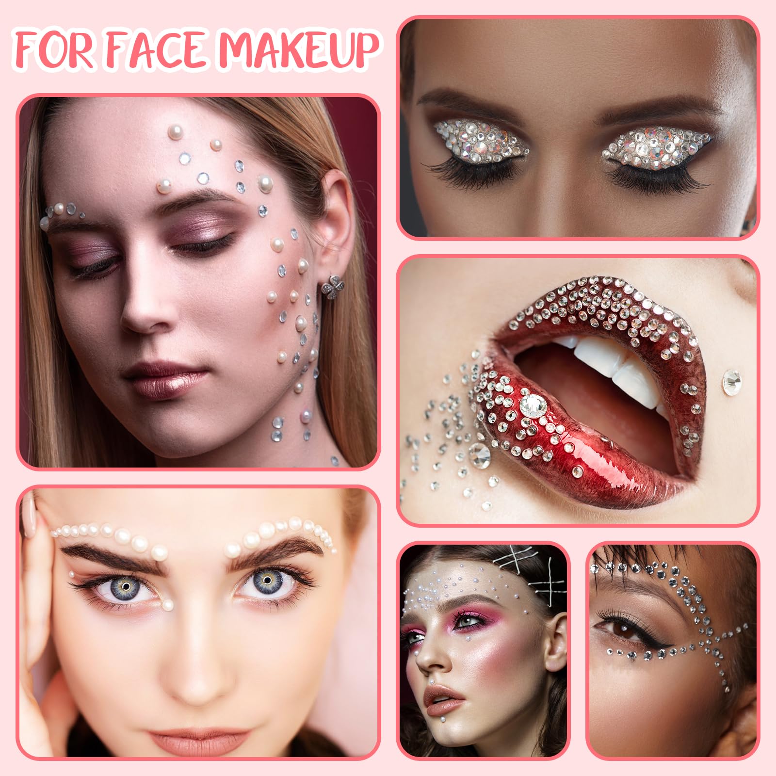 15 Sheets 3195 Pcs Self Adhesive Rhinestones Pearls, 6 Sizes Face Gems Jewels Pearl Stickers Stick On Hair Gems for Halloween Decoration Makeup Crafts