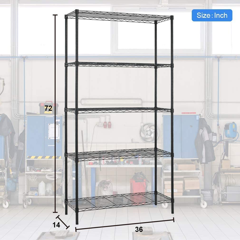 14‘’Dx36''Wx72''H Storage Shelves Wire Shelving Unit with Wheels Steel 5 Tier Heavy Duty Layer Rack Storage Metal Shelf Garage Organizer Wire Rack Shelves Adjustable Utility 1250 LBS Capacit,Black