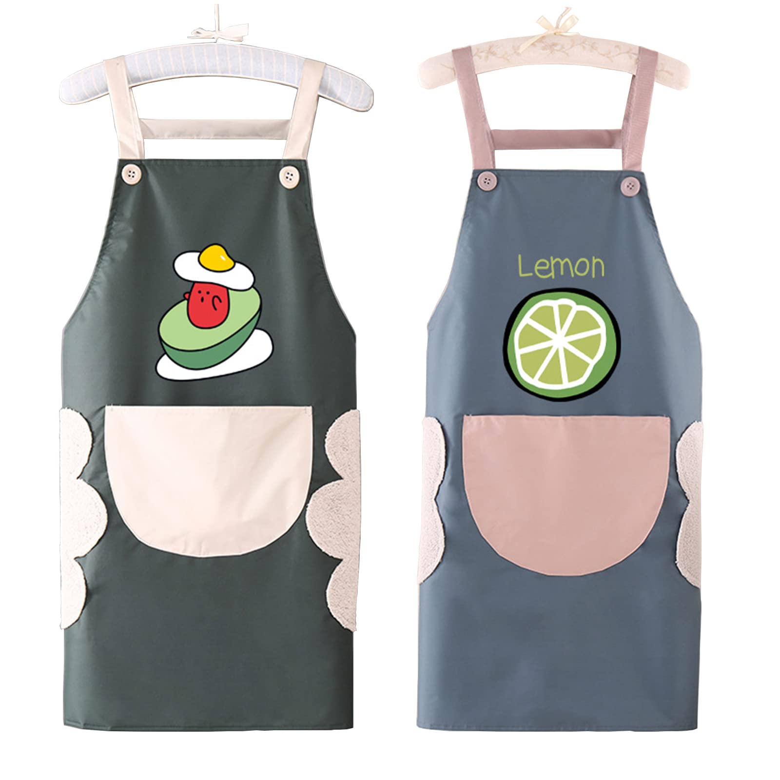 2 Pack Kitchen Cooking Aprons, Waterproof Bib with Large Pockets Hand Wipe ApronsïŒAdjustable Bib Soft Chef ApronïŒfor Women Men Chef Coveralls Crafting BBQ (Lemon Blue Egg Green Grey)
