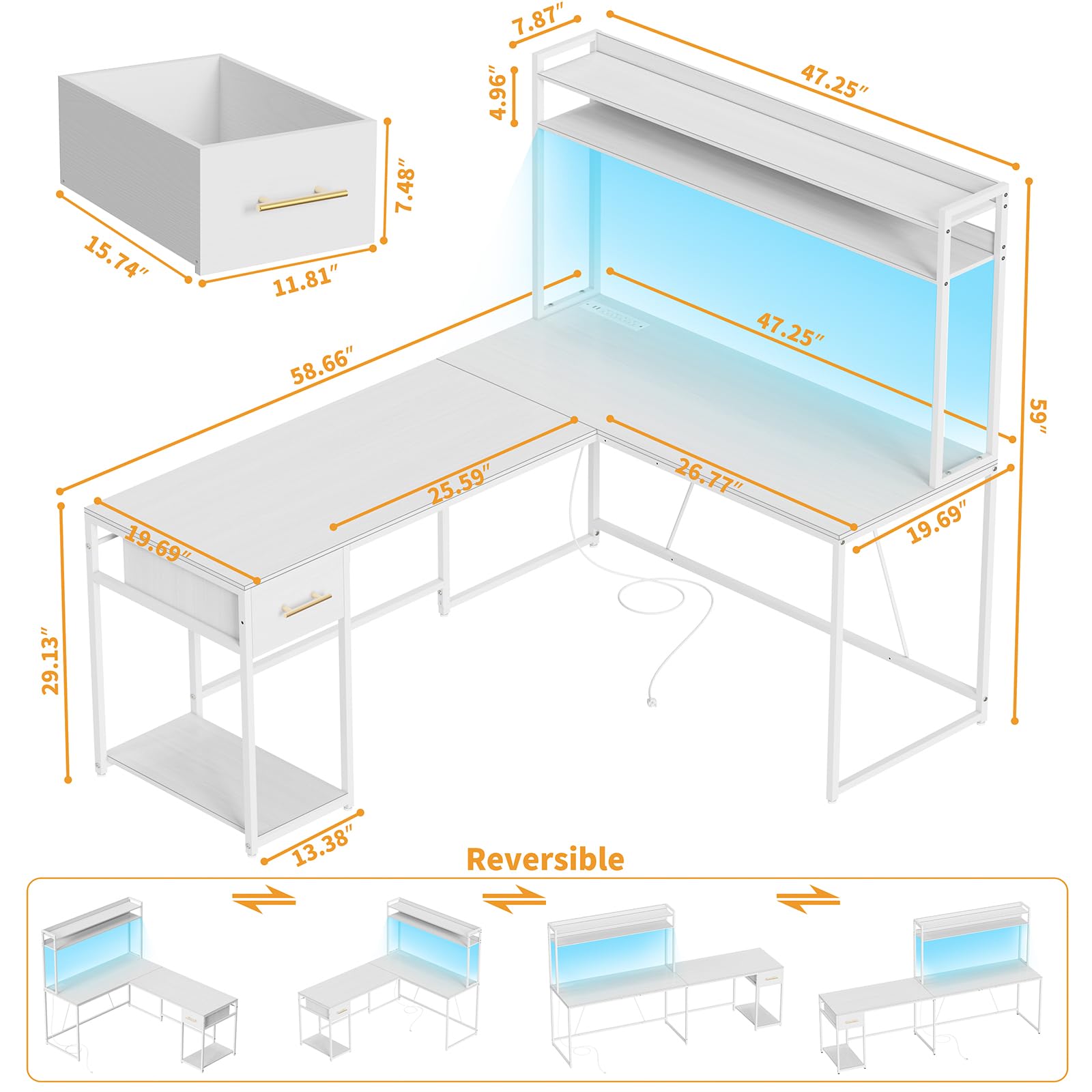 Bergoolin L Shaped Gaming Desk with LED Lights & Power Outlets, Reversible L Shape Computer Desk with Storage Drawer & Shelf,2 Person Home Office Corner Desk Black