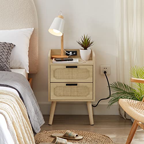 2 PC Nightstands with 2 Natural Rattan Decorated Drawers, Bedside End Table Side Table with 2 AC Outlets & 2 USB Ports, Solid Wood Legs & Particle Board Frame, Natural