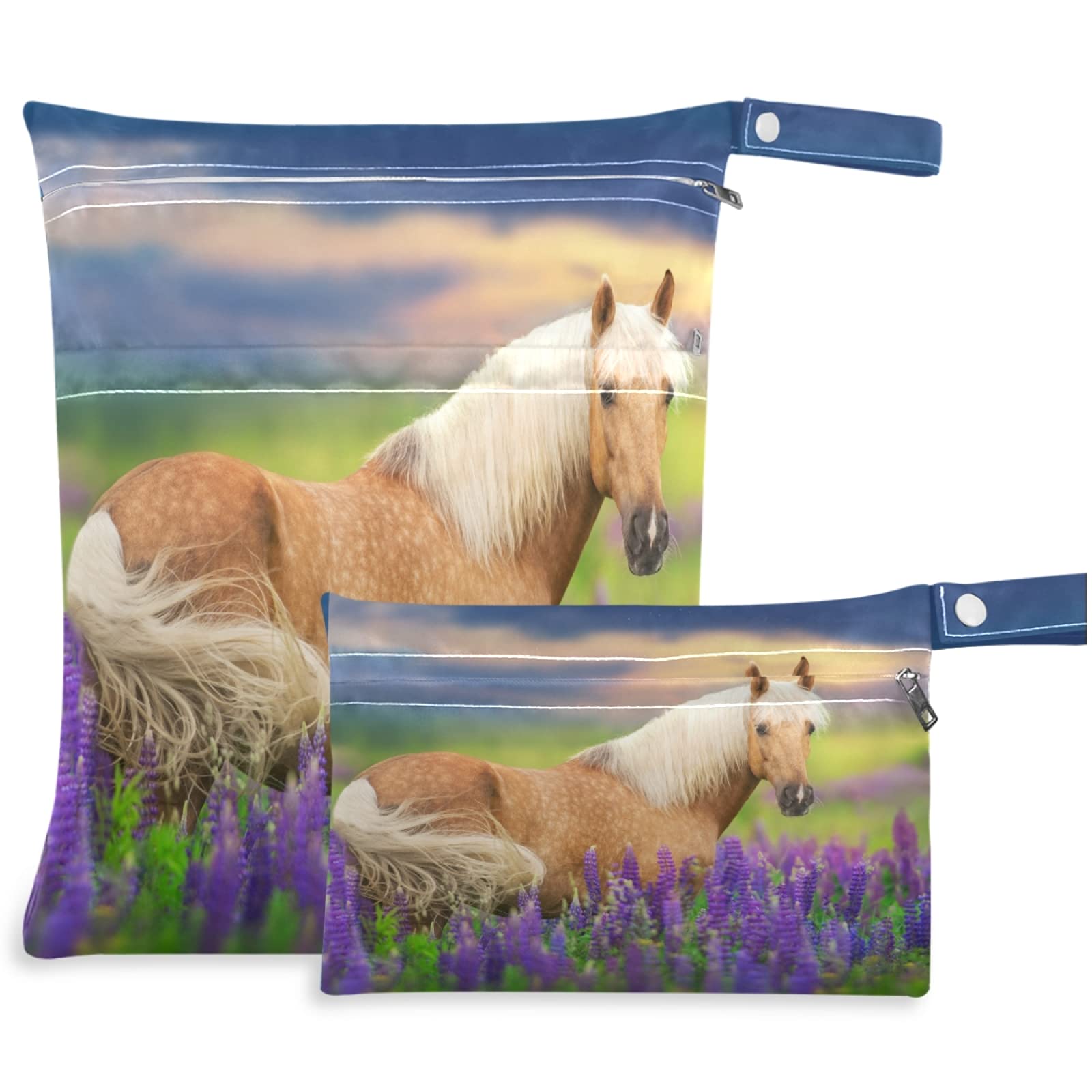 visesunny Palomino Horse Lavender Sunset 2Pcs Wet Bag with Zippered Pockets Washable Reusable Roomy for Travel,Beach,Pool,Daycare,Stroller,Diapers,Dirty Gym Clothes, Wet Swimsuits, Toiletries