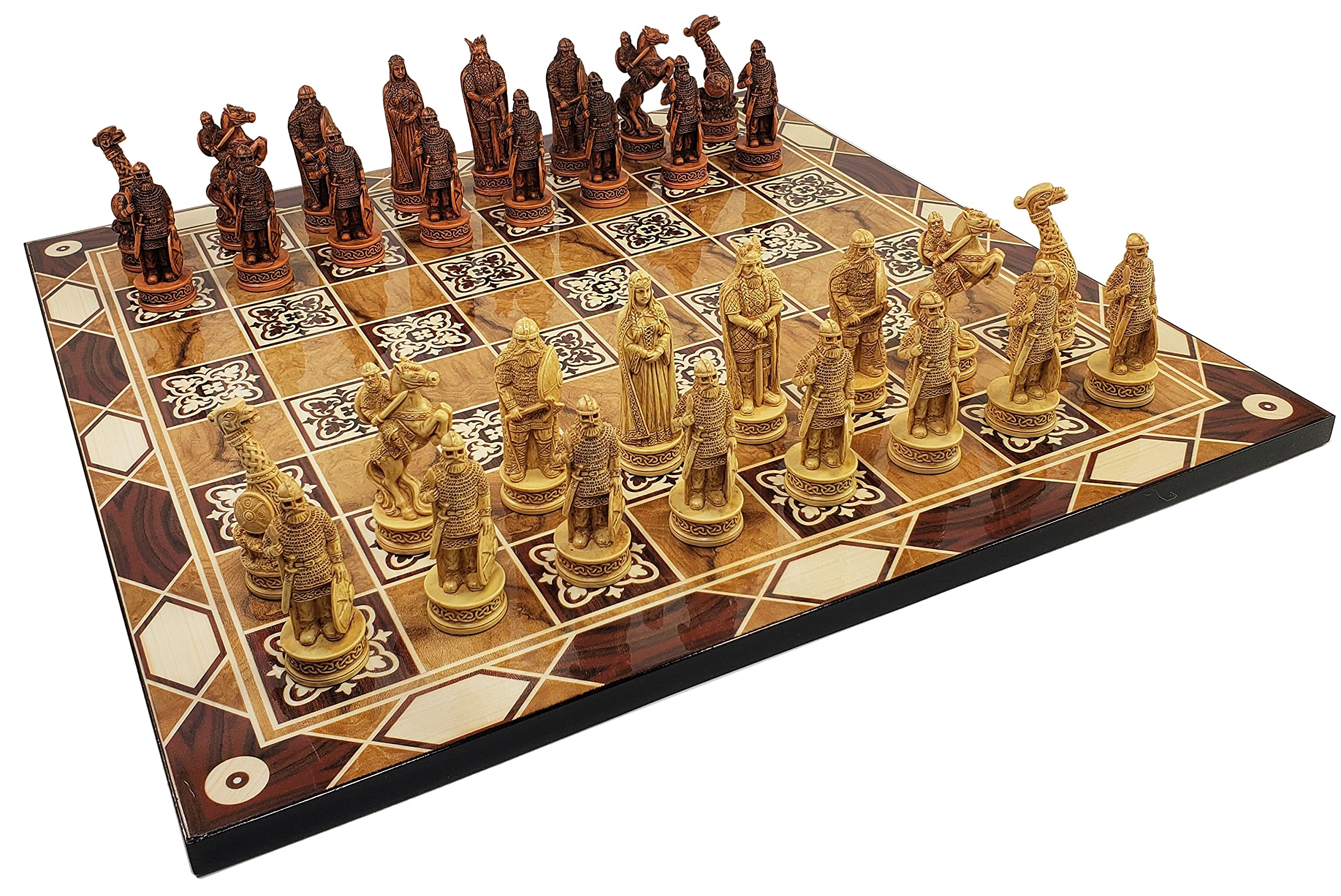 Antique Ivory & Brown Norse Viking Chess Set with 17" Burlwood Color Board