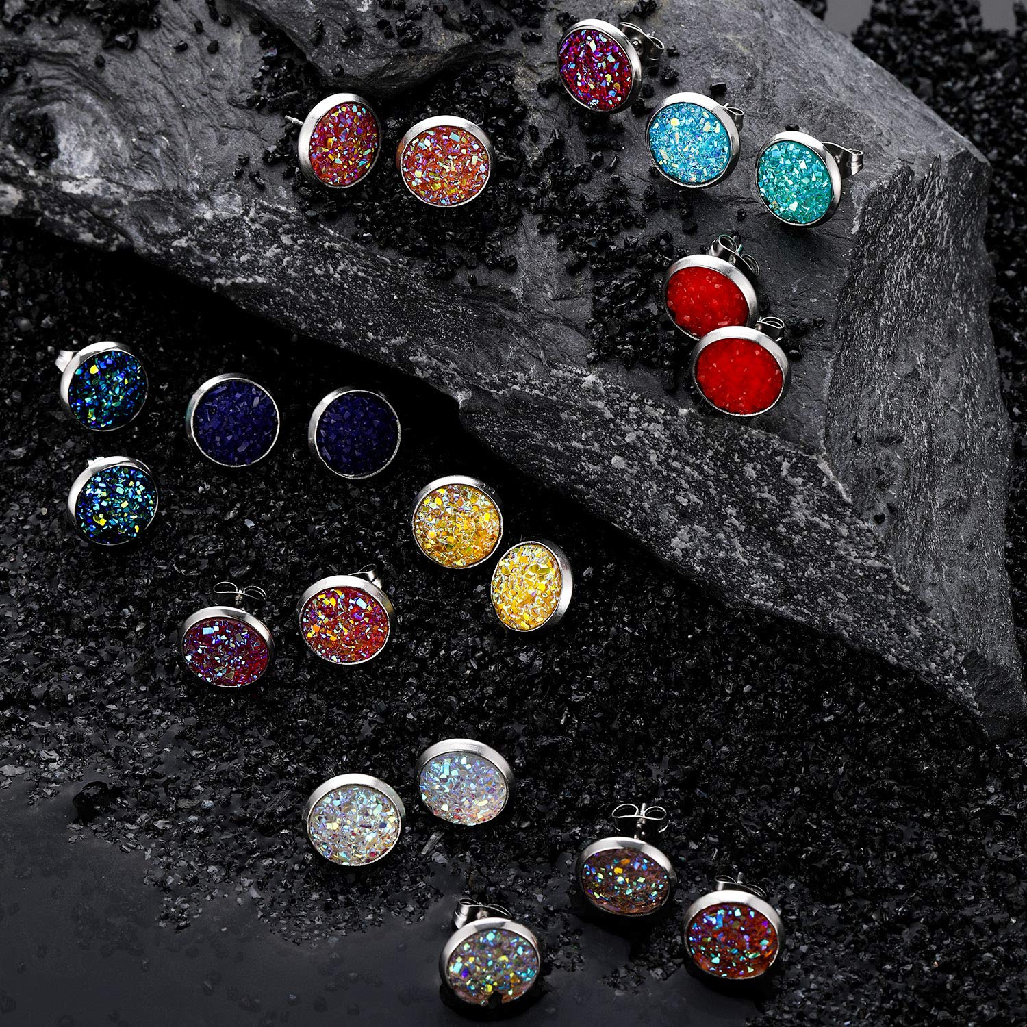 32 Pairs Round Druzy Stud Earrings Bohemian Round Stud Earrings Stainless Steel Pierced Earrings Jewelry for Women Valentines Gift(8 mm)