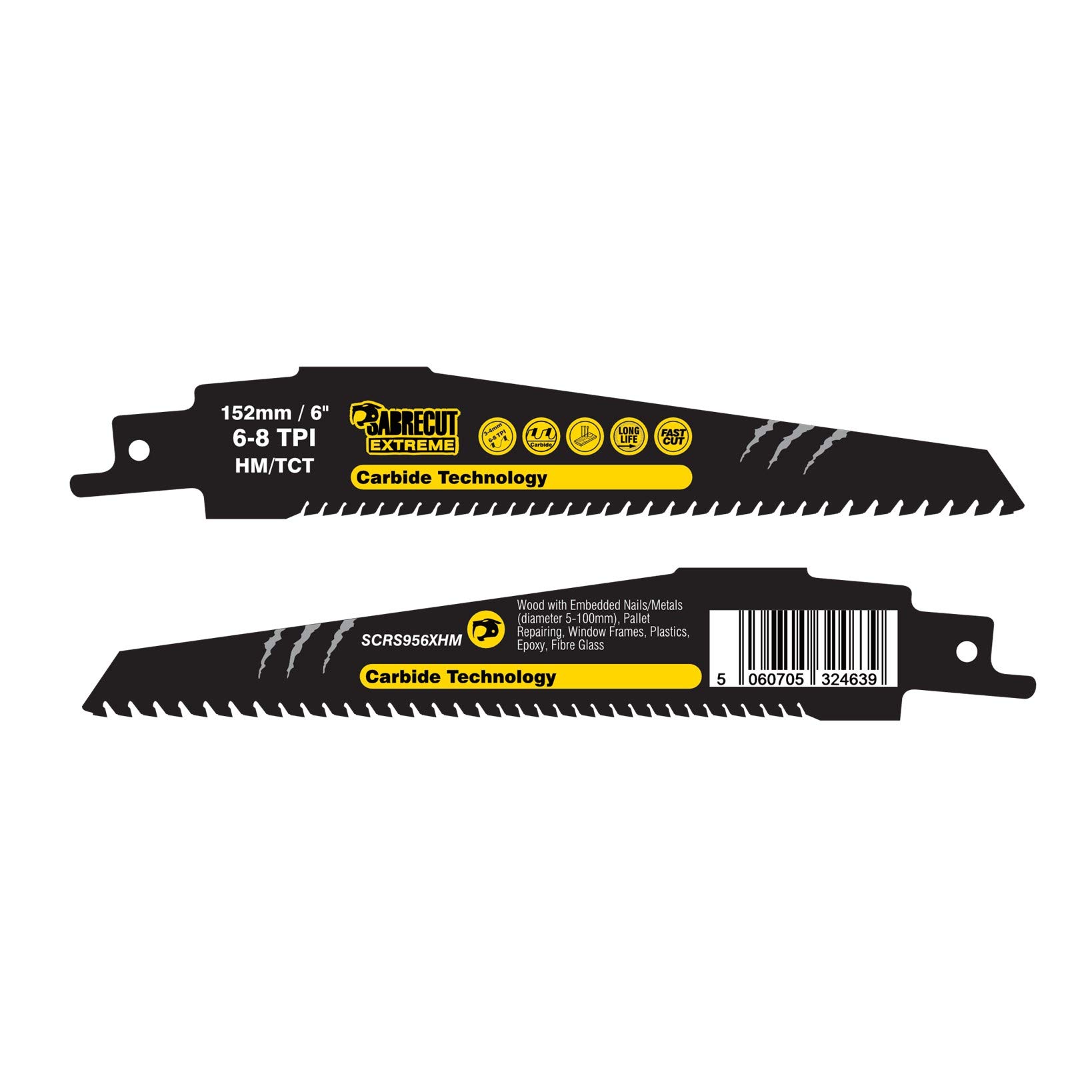 2 x SabreCut SCRS956XHM_2 Tungsten Carbide 5 63/64" (152mm) Variable 6-8 TPI S956XHM Very Fast Wood and Plastic Cutting Reciprocating Sabre Saw Blades Compatible with Bosch Dewalt Makita and Others