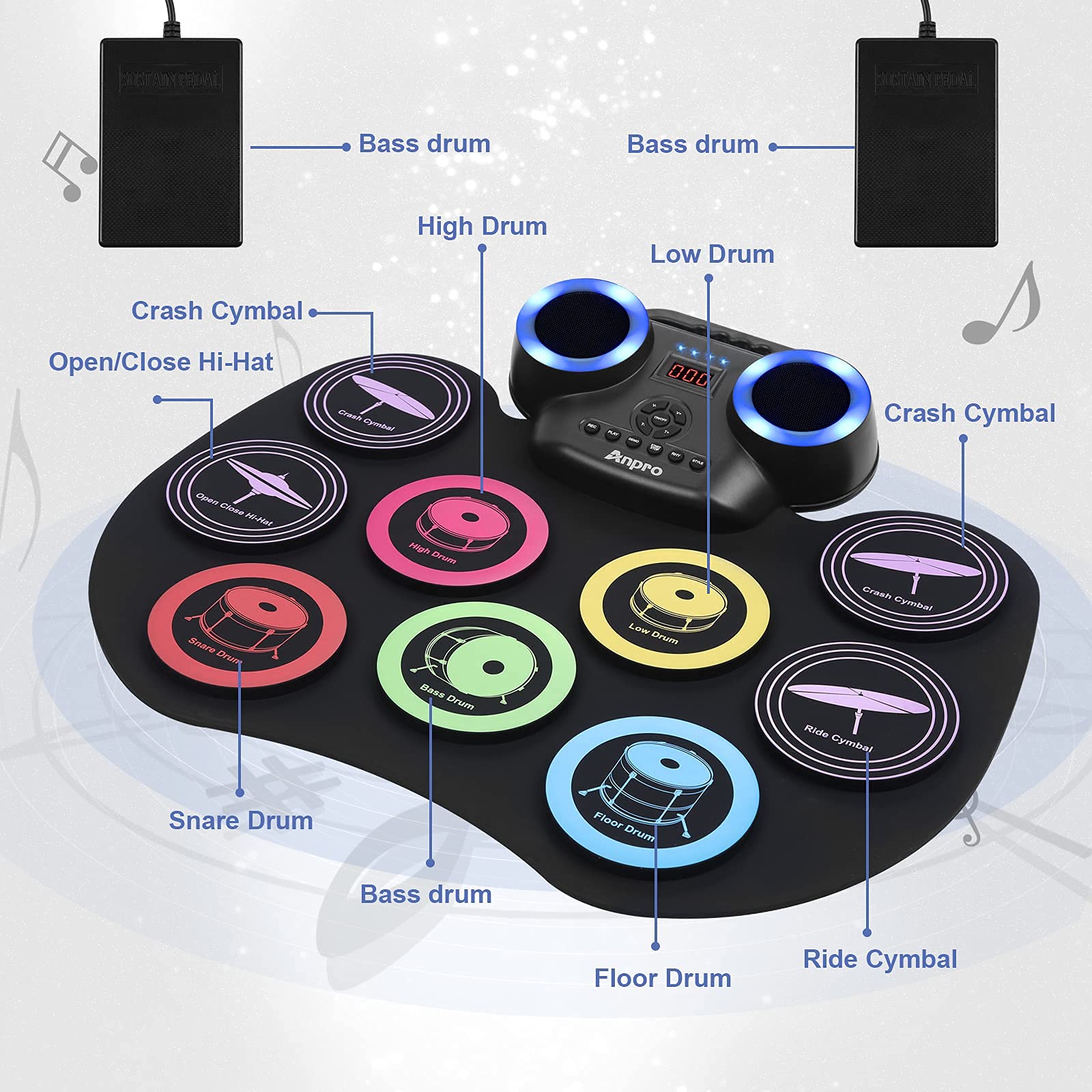 Anpro Electronic Drum Set for Kids | Adult, Musical Instrument Drum Practice Pad Kit with Headphone Jack, Built-in Speaker, Drum Pedals, Drum Sticks, Great Holiday Birthday Gift for Kids